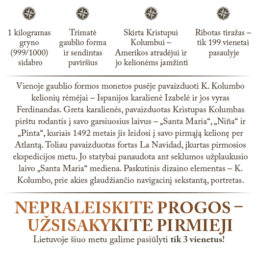 Sidabro moneta „Kristupas Kolumbas – Amerikos atradėjas“
